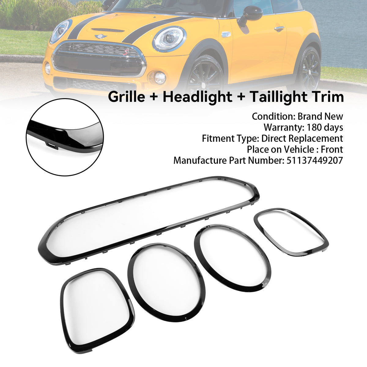2014-2021 Mini F55 F56 F57 Black Grill+Headlight+Taillight Trim 511374 ...