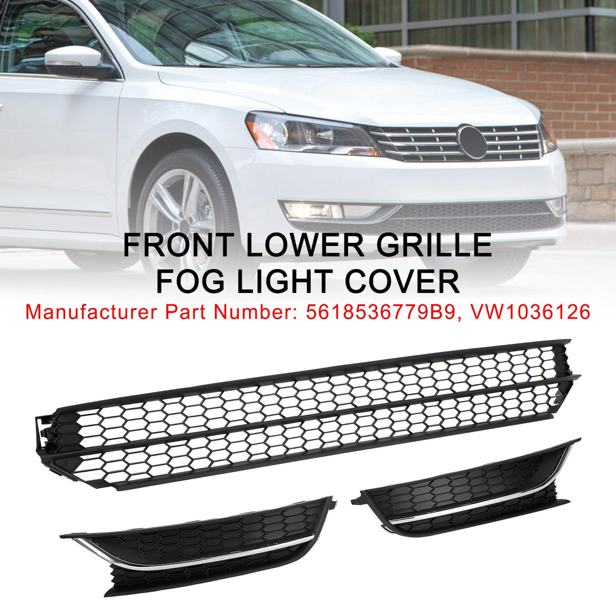 2012-2015 VW Passat Front Lower Grille + Fog Light Cover W/O Hole Comb ...